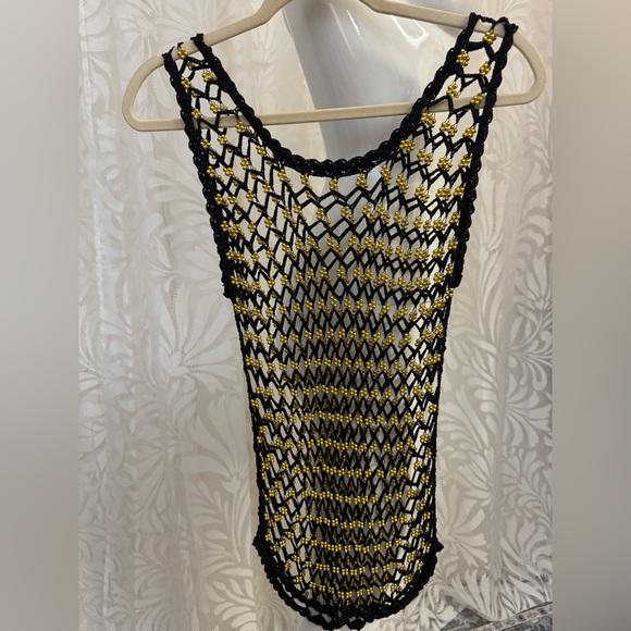 no brand | Tops | Vintage Black And Gold Crochet Beaded Women Top ...
